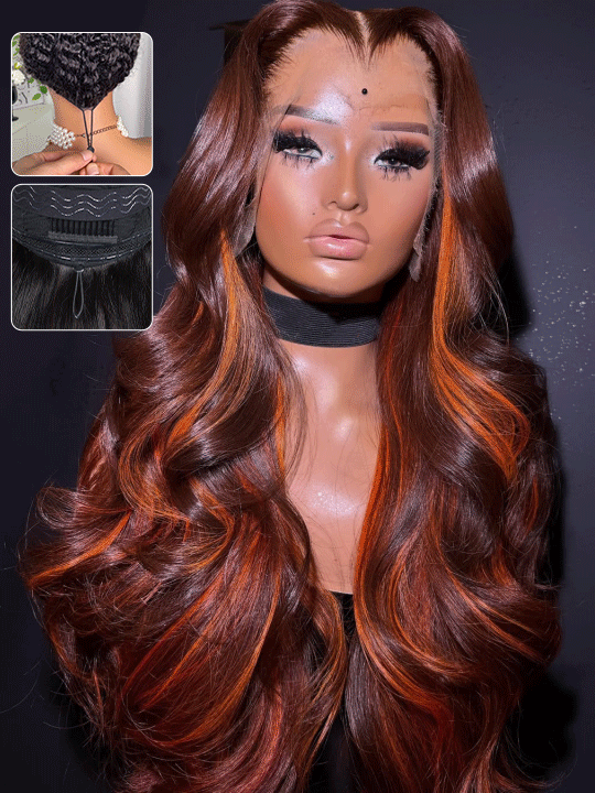 Ginger With Copper Red Highlights Body Wave Lace Frontal Wigs- KissLove ...