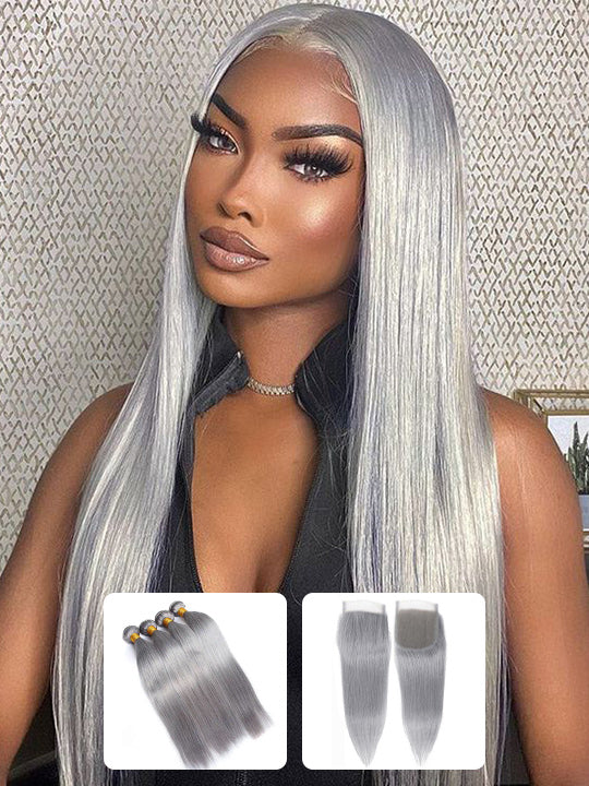 Silver Grey Bundles With 5x5 13x4 Lace Closure Straight Human Hair