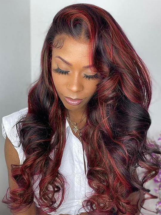 Dark Red Highlight Loose Body Wave 13x6 Full Lace Frontal Wig With Fac