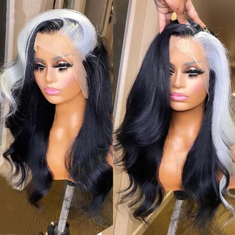 Gray Skunk Stripe Wig Human Hair Body Wave HD Lace Wigs- KissLove Hair
